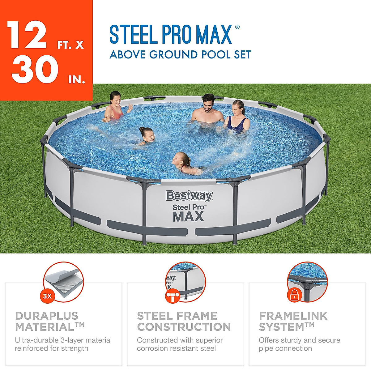 Bestway Steel Pro MAX 12 Foot x 30 Inch Round Metal Frame Above Ground Outdoor Backyard Swimming Pool Set with 330 GPH Filter Pump