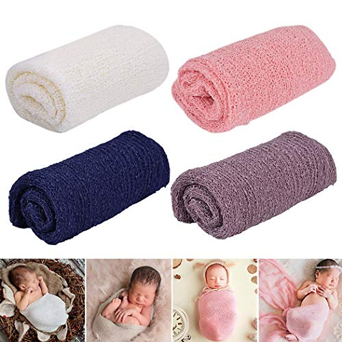 Outgeek Newborn Baby Photography Props 4 Pack Long Ripple Wrap DIY Newborn Photography Wrap (White, Pink, Navy and Lilac)