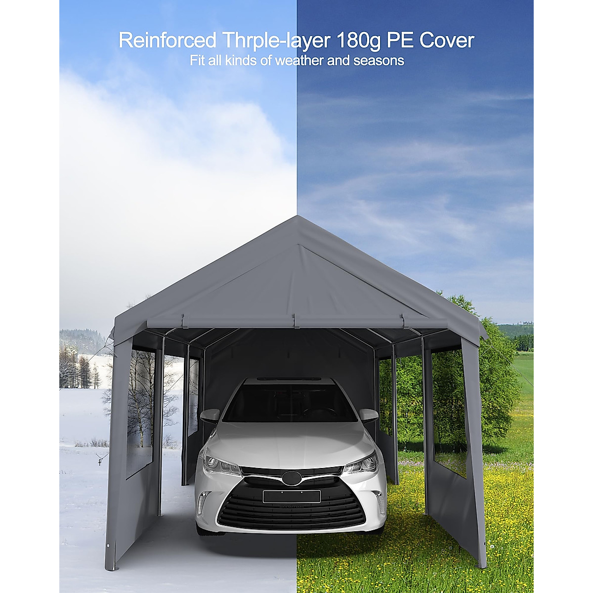 GAOMON 13'x20'Carport, Heavy Duty Portable Garage, with 4 Roll-up Doors & 4 Ventilated Windows, Reinforced Steel Poles & 180 g PE Waterproof Canopy, for Pickup Truck, and Boat, Silver Gray