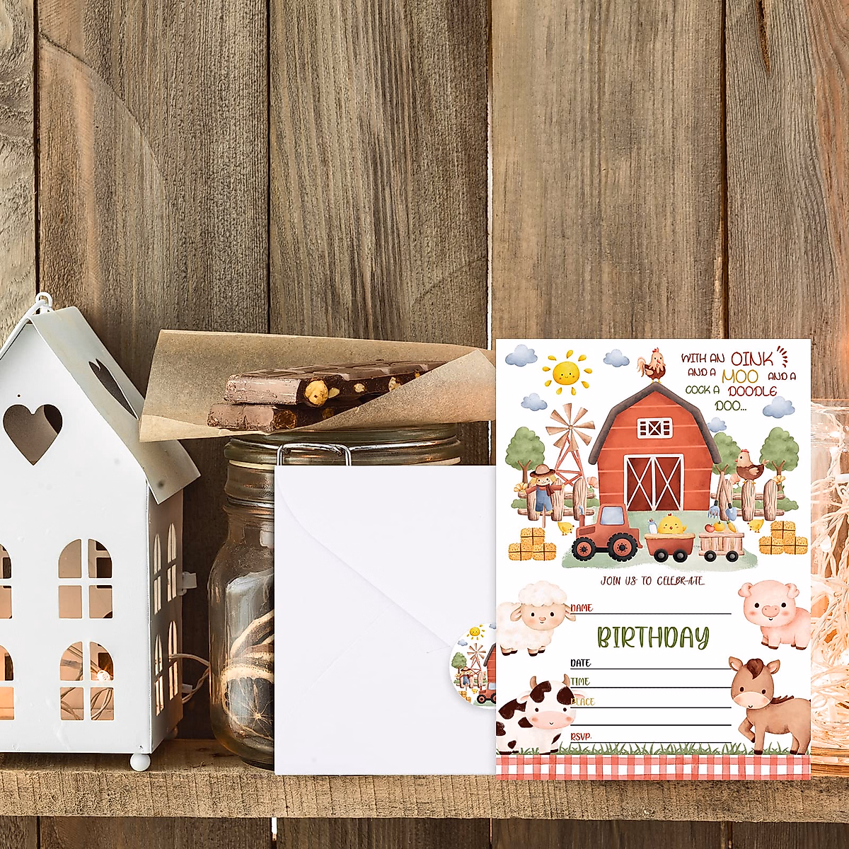 AnyDesign Farm Barnyard Birthday Party Invitations with Stickers Envelopes Red Buffalo Plaids Animal Pig Cow Party Invitation Paper Cards for Birthday Invites Party Supplies, 20 Sets, 5 x 7 Inch