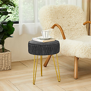 MOOWIND Vanity Stool for Makeup Room Bedroom, Modern Multifunctional Vanity Stools Chair Round Ottoman Velvet Upholstered Seated Foot Rest Dressing Stool with Golden Leg, Side Table End Table,Black