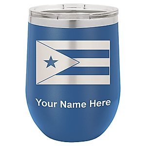 LaserGram Double Wall Stainless Steel Wine Glass Tumbler, Flag of Puerto Rico, Personalized Engraving Included (Dark Blue)