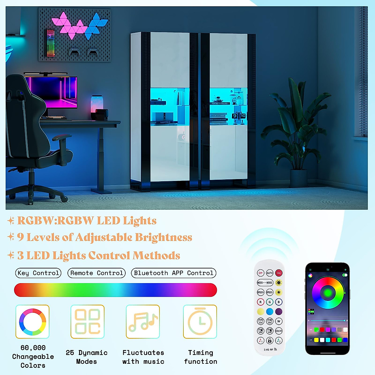 AMERLIFE Modern Set of 2 Bookcase, LED 68in Storage Cabinet with 6 Tiers for Storage & 3 Adjustable Shelves, High Glossy Display Case for Living Room, Home Office, Study Room, White