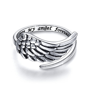 Ladytree Feather Guardian Angel Wings Ring for Women Memorial Sterling Silver Purity Adjustable Open Thumb Rings Jewelry Miscarriage Memory for Mother Mom Daughter Size 7