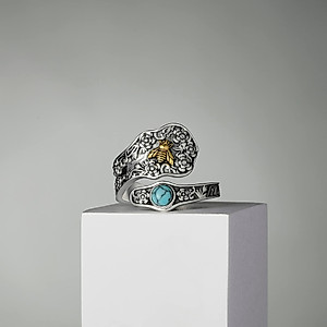 HUKKUN Spoon Ring Sterling Silver Chunky Gold Bee Rings for Women Adjustable Turquoise Ring