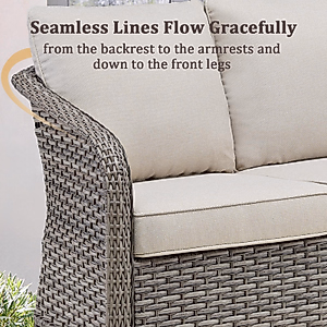 LUMIINOFAMI 3 Piece Patio Couch PE Wicker 3-seat Sofa, 73.6'' Long Outdoor Couch Patio Sofa with 2 Ottoman, Barrel-Shaped Wicker Sofa Outdoor Furniture Rattan Wicker Sofa for Patio Deck Porch