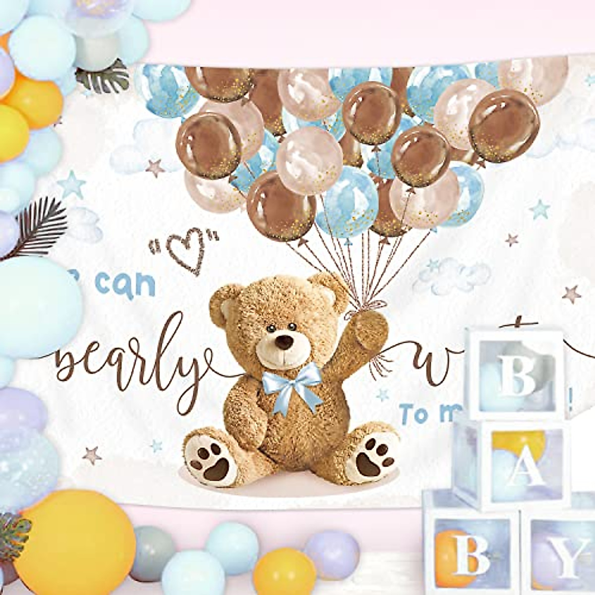 Imirell We Can Bearly Wait Backdrop 7Wx5H Feet Cute Cartoon Balloons Teddy Bear Baby Shower Party Photography Backgrounds for Boy Photo Shoot Decor Props Decorations