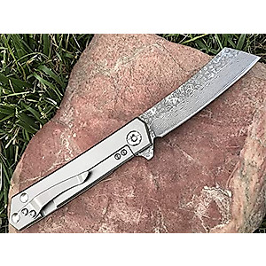 TACTICAL GEARZ Custom Damascus Steel EDC Pocket Folding Knife, Solid Tc4 Titanium Handle! Includes Sheath! For Outdoor Camping, Hiking, Gifts for Men, Birthday Gifts (Silver XS)