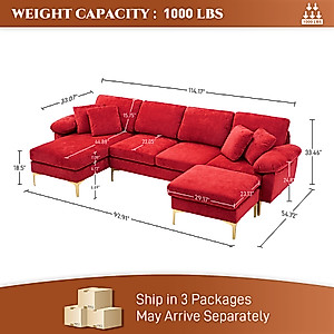 OUYESSIR U-Shaped Sectional Sofa Couch, 4 Seat Sofa Set for Living Room, Convertible L-Shaped Velvet Couch Set with Chaise Lounge, Ottoman and Pillows,114 inches (Red)
