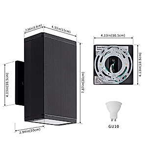 mirrea 8in Modern Outdoor Patio Light with 2 5W LED GU10 Replaceable Bulbs in Matte Black Rectangular Aluminum Sconce Up and Down Outside Porch Light Pack of 2