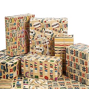 Packanewly Brithday Kraft Wrapping Paper Sheet - 6 Sheets Different Design Reversible Gift Brown Wrap Paper - 17.5 x 30 inches per Sheet