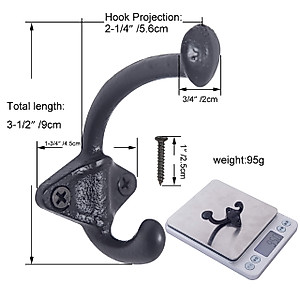 WEBI Rustic Coat Hooks Wall Mounted:5 Cast Iron Hooks,Heavy Duty Vintage Antique Wall Hooks for Hanging Coats,Jacket,Farmhouse,Mudroom,Closet,Black