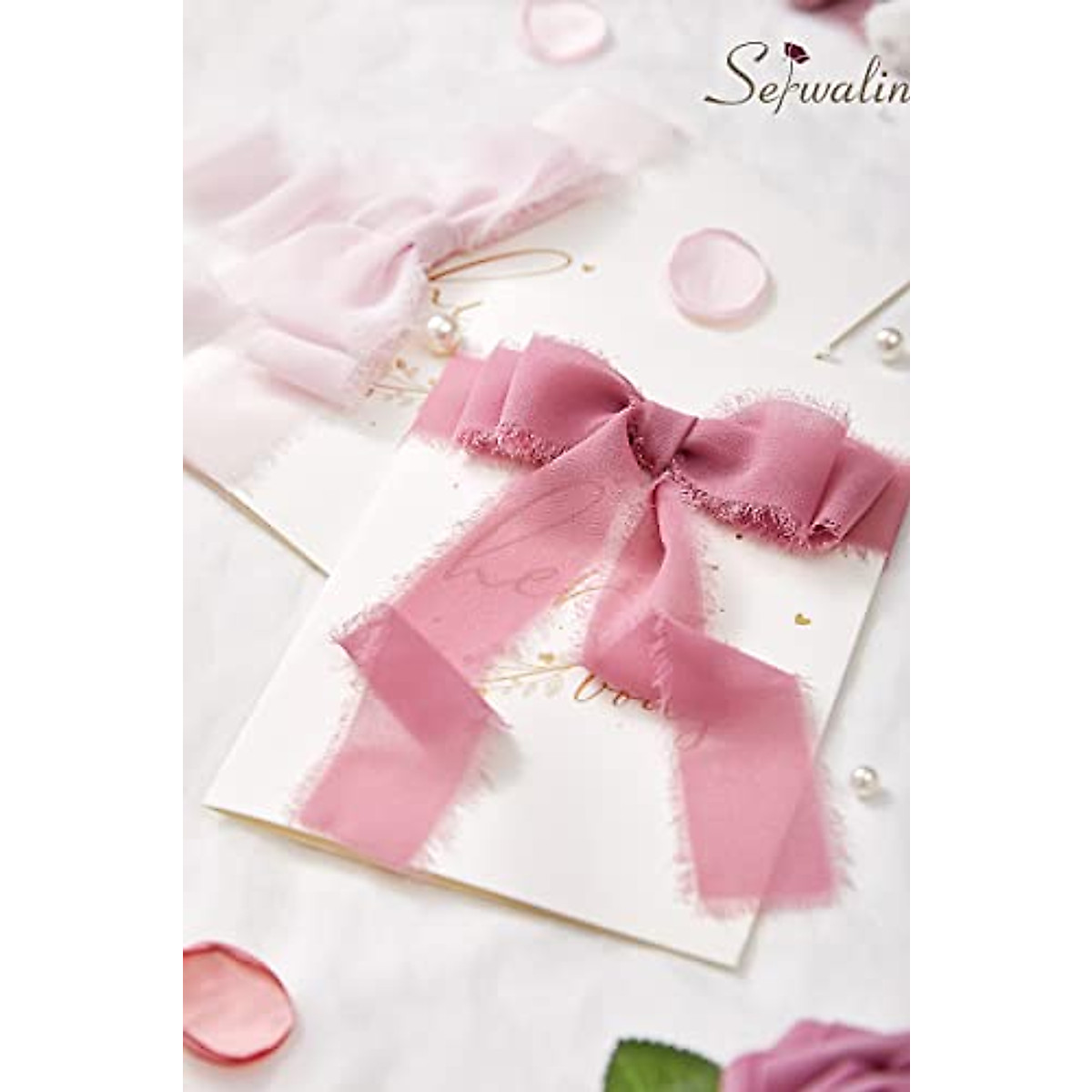 Serwalin Fringe Pink Chiffon Ribbon Silk Ribbon Set for Gift Wrapping 1.5" 6 Yd Fringe Frayed Edges Boho Wedding Ribbon Set for Bouquets Wrap,Wedding Invitations, Gifts Wrapping, Blush Pink