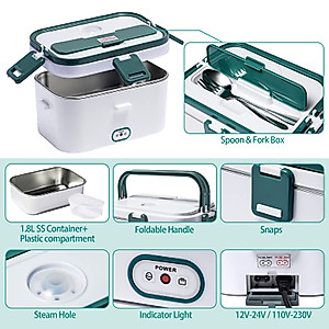 SESOCSEO Heating Lunch Box for Work, 1.8L(7.6 Cup) Car Food Warmer, 12V/24V/110V 3-In-1 Heated Lunch Box with Carry Bag Fork Spoon for Truck/Office/Home(Blue) (AB-Green) (DFH-6842)