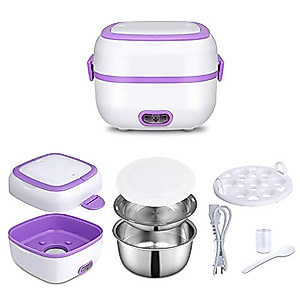 GQU Electric Lunch Box, 3 In 1 Food Heater/Cooker/Steamer with Stainless Steel Bowls, Egg Steaming Tray, Spoon, Measuring Cup for Office, School, Home, Travel