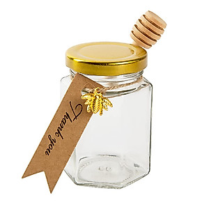 Rormket 12 Pack 4oz Glass Hexagon Honey Jars Golden Lids - Extra Wooden Honey Dipper Sticks, Bee Charms, Tag String, Thank You Gift Tags, Wedding Favors Gifts, Baby Shower Party Canning Jar(Golden)