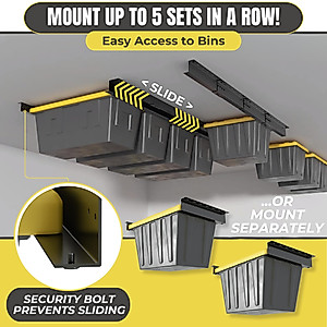 Amerito Overhead Garage Storage Rack for Tote Bins - Organization System for 3 Containers - Adjustable Ceiling Mount Rails - Supports Heavy-Duty 17/27 Gallon Bins - Alloy Steel (3 Sets)
