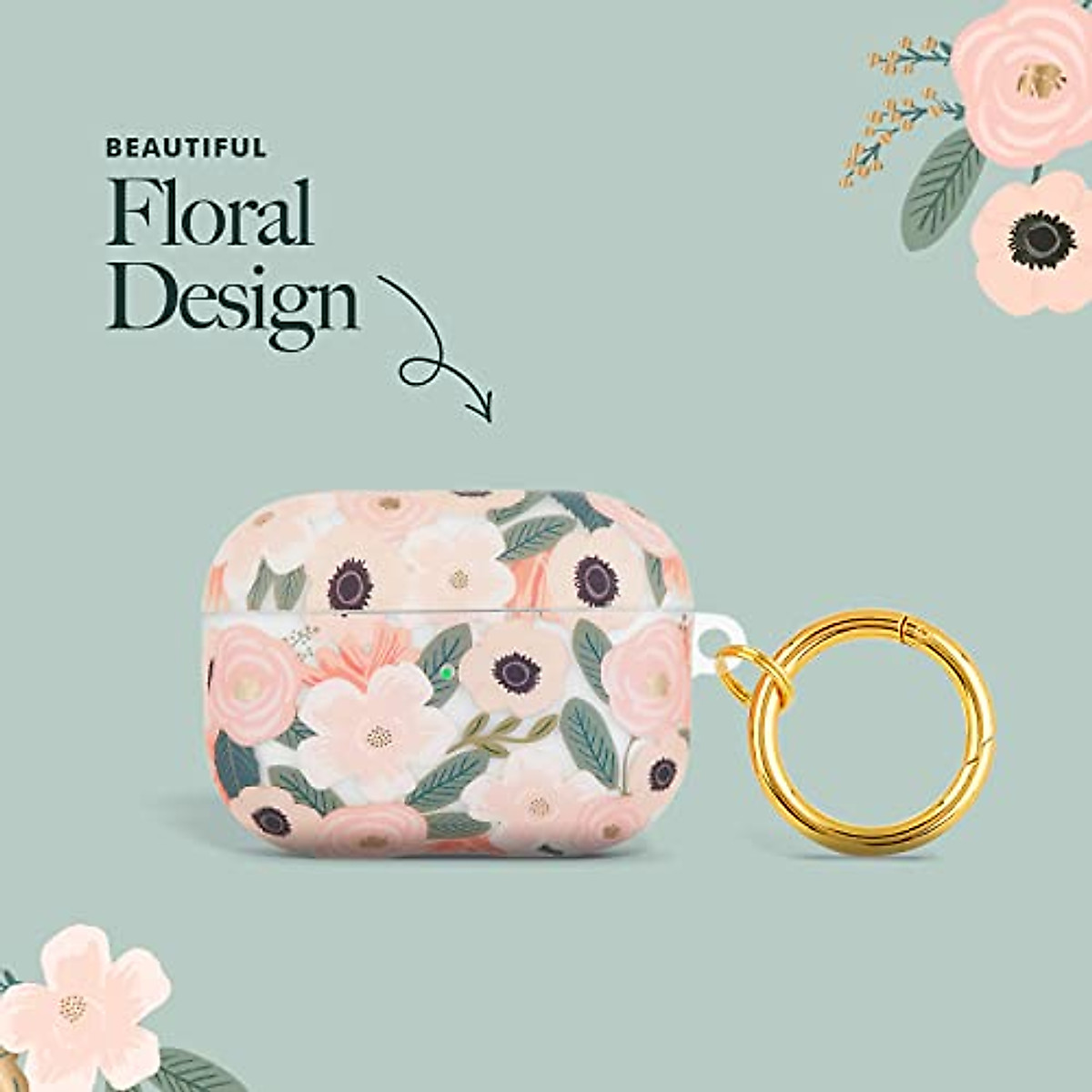 Rifle Paper Co. Airpods Pro Case Cover with Keychain [Wireless Charging Compatible] [Visible LED] Cute Case for Apple AirPods Pro with Floral Design, Anti Scratch, Slim, Shockproof - Wild Flowers