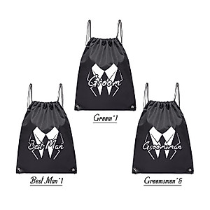 LADY & HOME 7 Pack Groomsmen Proposal bags, Groom Crew Bag Set, Groomsmen Drawstring Bag for Bachelor Party(Suit-Squiggles)