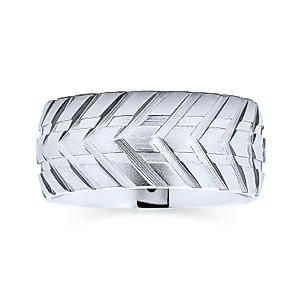 Bling Jewelry Mens Mechanic Car Racer Tire Tread Band Ring for Men for Bikers Matte Brushed Silver Tone Stainless Steel 8MM