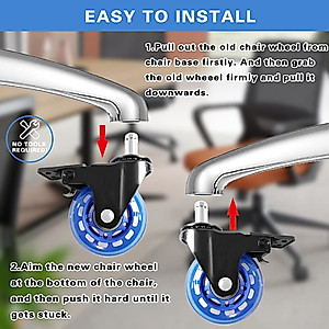 ANPTGHT Office Chair Wheels with Brake, Wheels Smooth Rolling Heavy Duty Casters Safe for Hardwood Floors & Carpet, Replacement Rubber Chair Casters Smooth & Quiet Universal Stem 7/16" Blue Set of 5