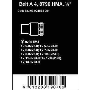 Wera Tools 05003883001 Belt 4 Sock Set 1/4" drv 9 Pieces, One Size, Multi