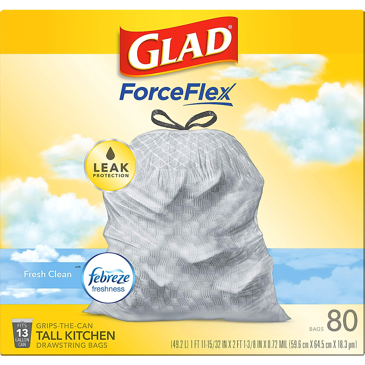 GLAD ForceFlex Tall Drawstring Trash Bags, 13 Gallon Grey Trash Bags for Tall Kitchen Trash Can, Fresh Clean with Febreze Freshness to Eliminate Odors, 80 Count - Packaging May Vary