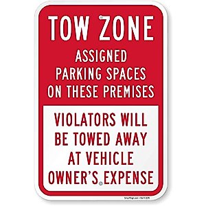 SmartSign 18 x 12 inch “Tow Zone - Assigned Parking Spaces On These Premises, Violators Towed” Metal Sign, 63 mil Laminated Rustproof Aluminum, Red and White