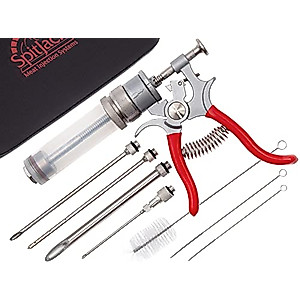 SpitJack Magnum Meat Injector Gun. Food Flavor Injection Syringe for Smoked BBQ Marinades and Meat Seasoning. 4 needles for Pork Butt, Beef Brisket, Turkey Breast. 50ml Capacity. Made in the USA.