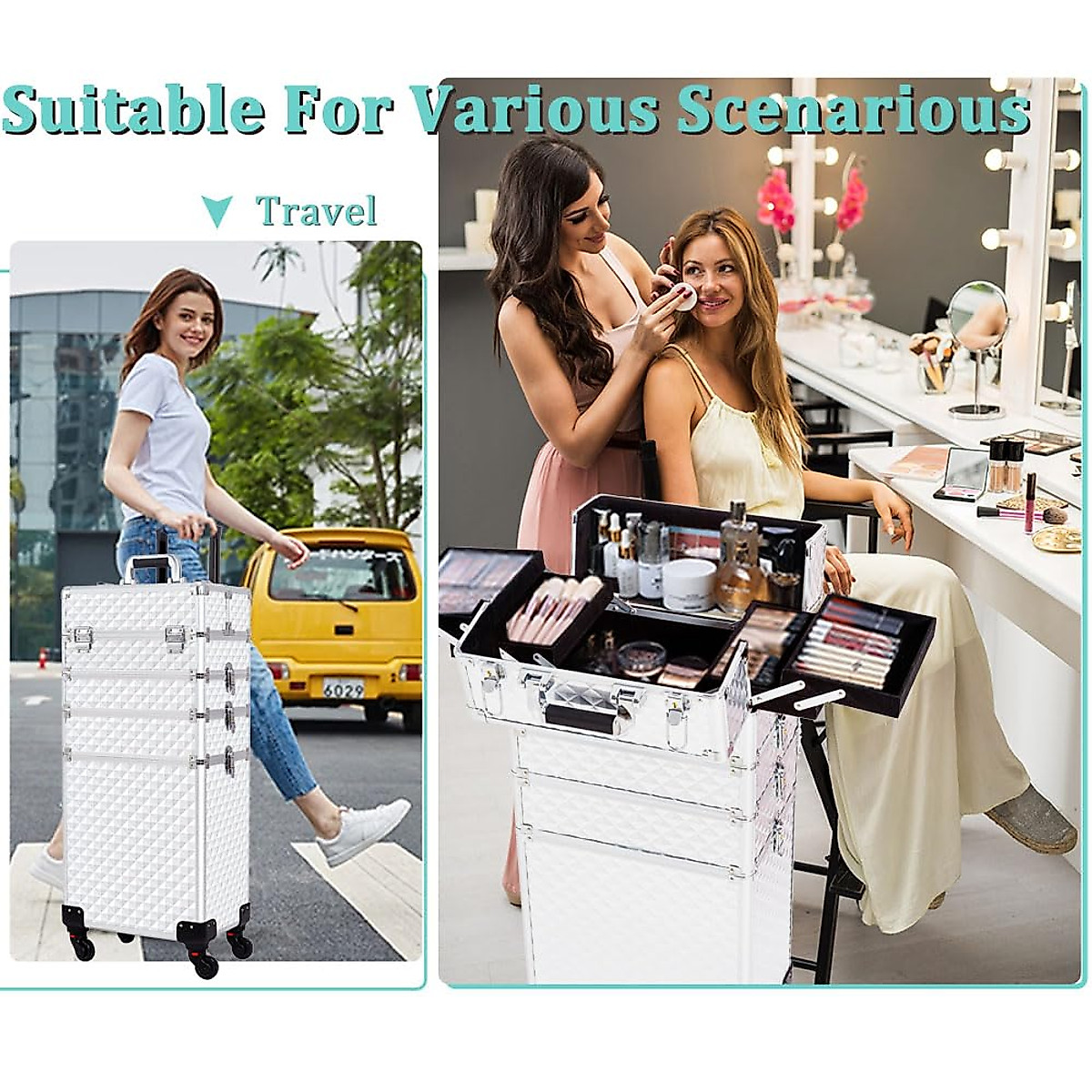 AROUS Rolling Makeup Train Case Large Storage Cosmetic Trolley 4 in 1 Large Capacity Trolley Makeup Travel Case with Key Swivel Wheels Salon Barber Case Traveling Cart Trunk, Silver