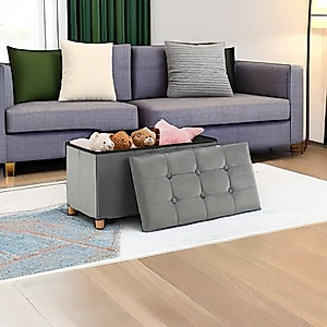 YOUDENOVA 30 Inches Folding Storage Ottoman Bench, Velvet Storage Chest, Footrest Couch with Wooden Legs, Support 350lbs for Bedroom, Living Room, Hallway, Grey