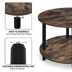 Vanrohe Small Round Coffee Table for Small Space, 23.5" 2-Tier Rustic Brown Wooden Coffee Table with Open Storage for Living Room/Balcony/Office, Metal Legs, Easy to Assemble