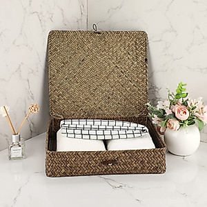 Hipiwe Flat Woven Wicker Basket Bins with Lid Seagrass Storage Basket Box Multipurpose Household Basket Bins Boxes for Shelf Wardrobe Organizer, Coffee Large