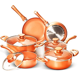 FRUITEAM 10pcs Cookware Set Ceramic Nonstick Soup Pot/Milk Pot/Frying Pans Set | Copper Aluminum Pan with Lid, Induction Gas Compatible, 1 Year Warranty Mothers Day Gifts for Wife…