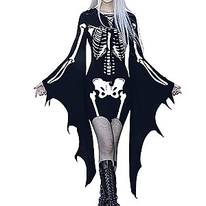 CRNTCEM Halloween Gothic Dress for Women Bat Sleeves Skull Print Vampire Gown Sexy Wrap Slim V-Neck Luxurious Skirt Steampunk Masquerade Ball Gown Cosplay Renaissance Dress Navy