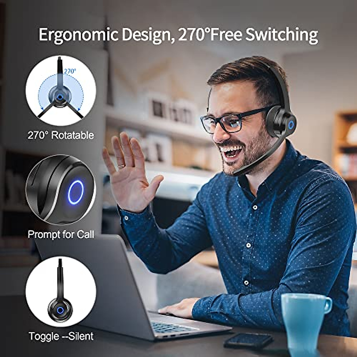 Bluetooth Headset with Microphone,Trucker Bluetooth Headset with Noise Cancelling,50Hrs Call Time,CVC8.0 Dual Mic, V5.1, Wireless Headset with Paddle Mute,On Ear Headphones for PC,Laptop,Cell Phones