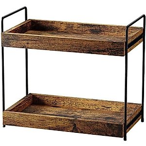 mahueeol 2 Tier Bathroom Counter Organizer Wood Bathroom Storage Shelf Spice Rack for Kitchen Countertop Vanity Tray Makeup Storage Coffee Station Organizer-Rustic Brown
