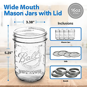 Wide Mouth Mason Jars 16 oz. (4 Pack) - Pint Size Jars with Airtight Lids and Bands for Canning, Fermenting, Pickling, or DIY Decors and Projects - Bundled with Jar Opener