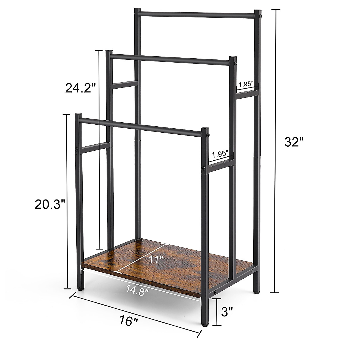 Freestanding Towel Rack Stand for Bathroom, 3 Tier Blanket Ladder Holder, Towel Drying and Display Rack with Shelf, Metal Blanket Rack, Farmhouse Rustic Brown and Black