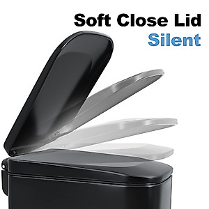 TrashAid Small Bathroom Trash Can with Lid Matt Black Soft Close, 6 Liter / 1.6 Gallon Stainless Steel Garbage Can Narrow with Removable Inner Bucket, Step Pedal