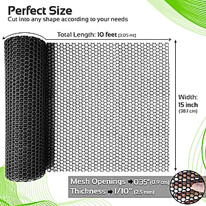 QueenBird Upgraded Plastic Chicken Wire Fence Mesh - 15.7IN x 10FT- Black/Green/White Colors - Hexagonal Fencing for Gardening - Poultry Netting, Floral Netting, Plastic Chicken Wire Mesh Roll (Black)