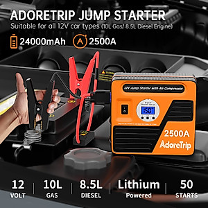 ADORETRIP Jump Starter with Air Compressor, 2500A 150PSI Car Battery Jump Starter (10.0L Gas/ 8.5LDiesel), 24000mAh 12V Jump Box Car Battery Jumper Starter Booster with Digital Display, 2 Lights