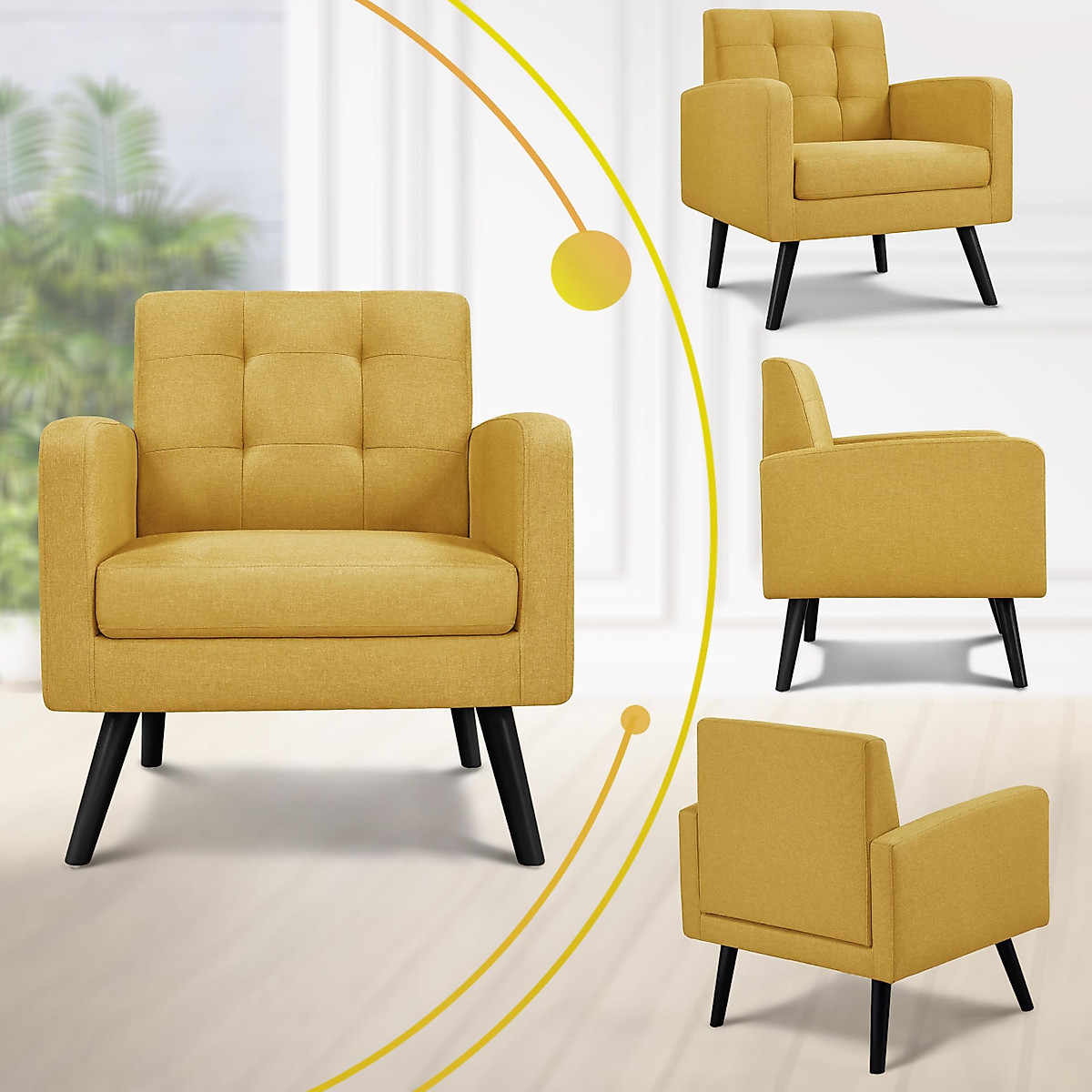 Yaheetech Mid-Century Accent Chairs, Modern Upholstered Living Room Chair, Cozy Armchair Button Tufted Back and Wood Legs for Bedroom/Office/Cafe, Set of 2, Yellow
