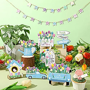 Bucherry Hello Spring Tiered Tray Decor Tulips Table Wooden Sign Decorations Flower Market Tabletop Rustic Farmhouse Decor for Spring Holiday Party Home Kitchen (Tulip Style)