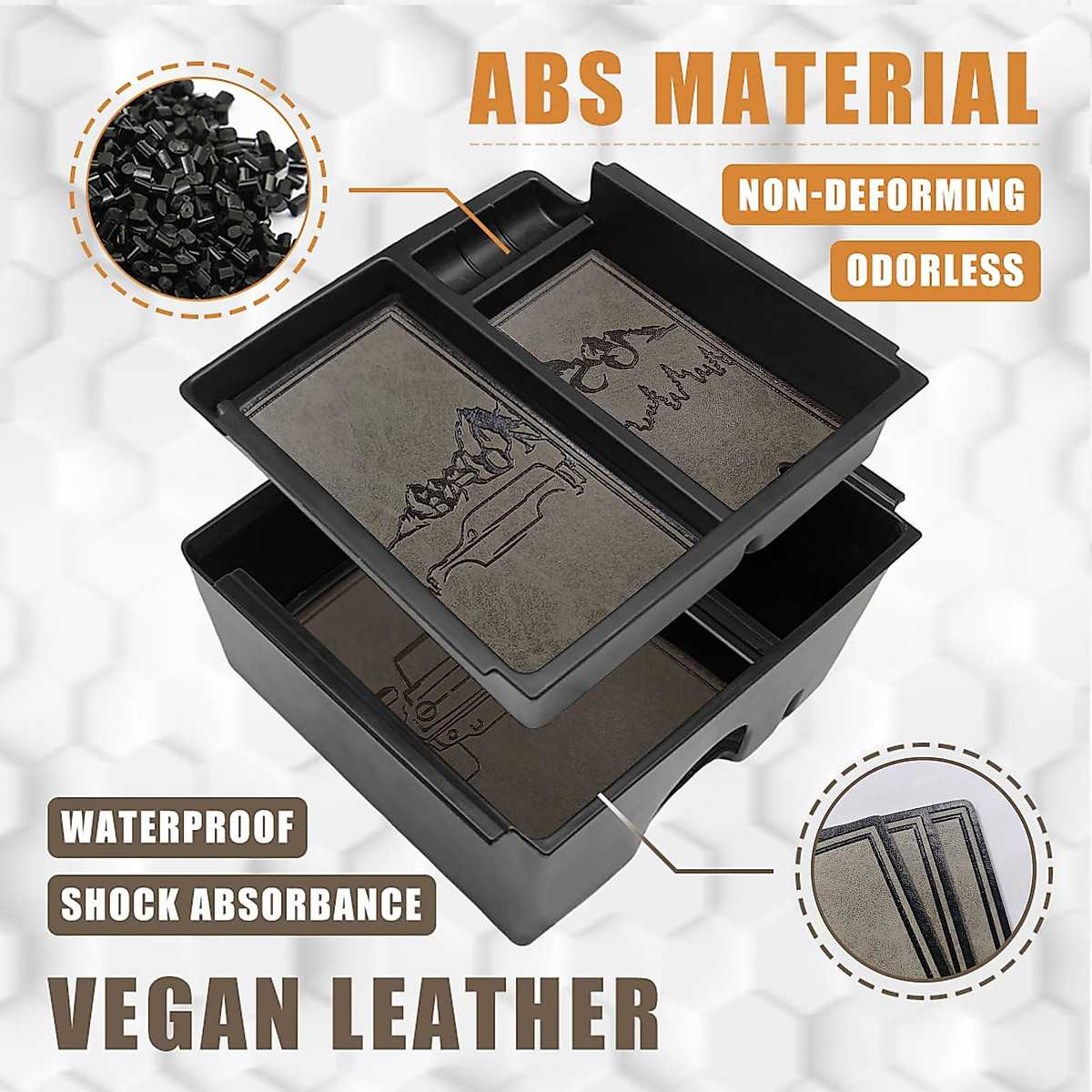 TripleAliners Center Console Organizer Compatible with 2021-2024 Ford Bronco(No for Sport) Accessories 6th Gen Bronco 2/4-Door Center Console Storage Box ABS Material with Leather Trim(V2_Retro Grey)