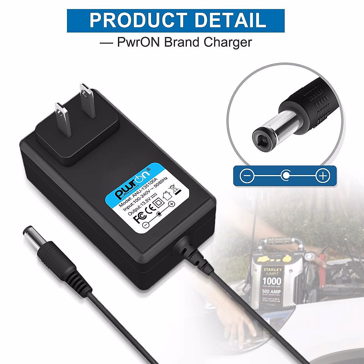 PwrON 6.6FT 13.5VDC 1A AC Adapter Compatible with Stanley J5C09 J312 J45TK Jump Starter, Stanley FATMAX 700 Peak 350 AMP J7CSR J7CS Jump Starter, Peak 300 450 600 700 Amp Jump Starter Power Station