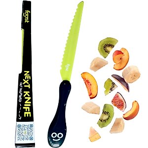 Foost Kids Knife - Kitchen Safe Kids Knife for Real Cooking & Cutting Vegetables & Food - Next Knife for Kids Aged 5+ with Stainless Steel Coat, Longer Serrated Blade, Blunt Tip, & Easy Grip Handle