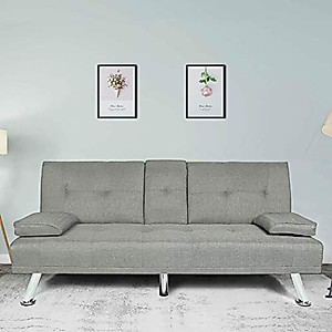 ERYE Upholstered Futon Sofa Sitting Space Loveseat Convertible Sleeper Couch Bed for Apartment Office Home Gym Living Room Furniture Sets Sofabed, Light Gray Linen Tufted Metal Legs with 2 Cupholders