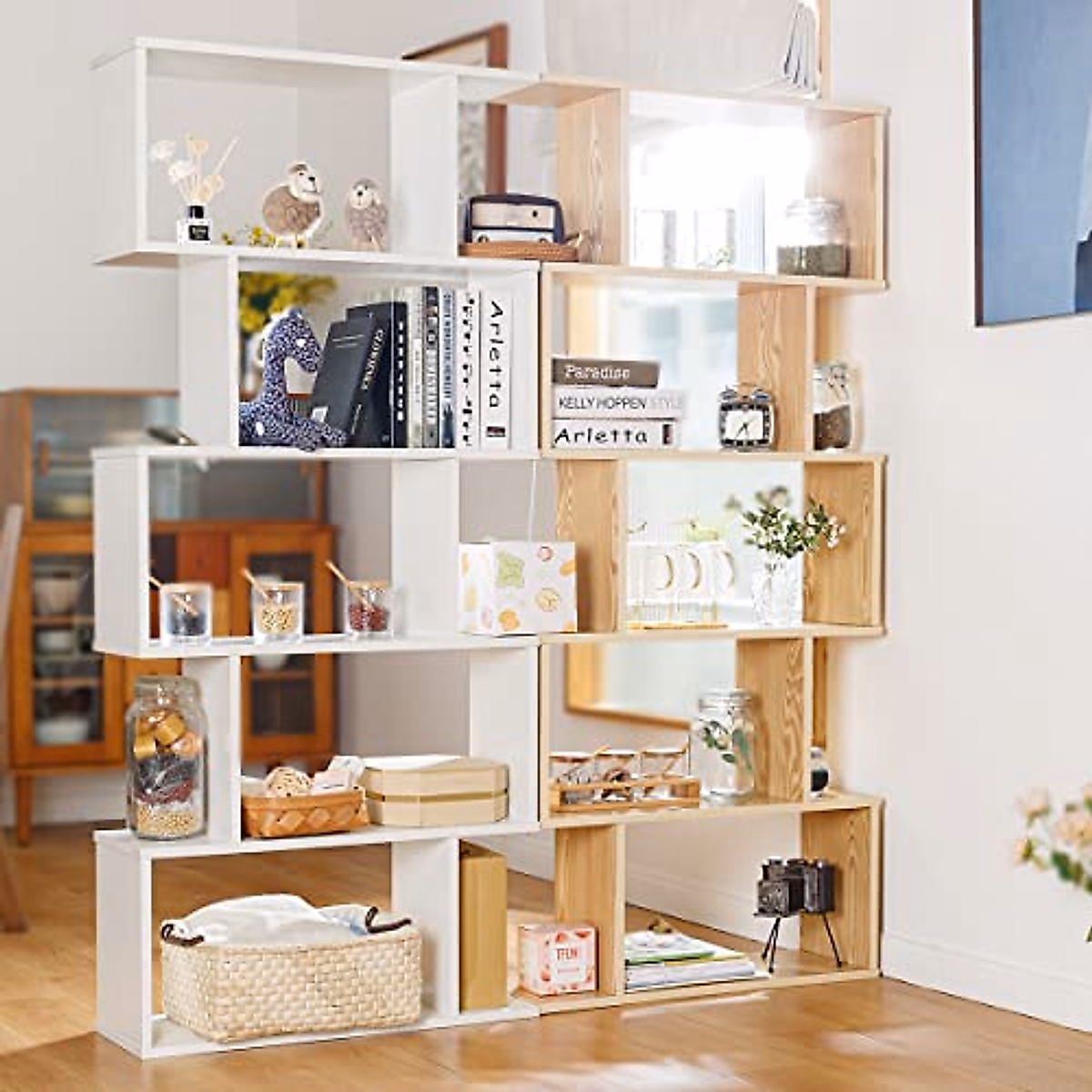 TinyTimes 5-Tier Wooden Bookcase, S-Shape Display Shelf and Room Divider, Freestanding Decorative Storage Shelving, 63'' Tall Bookshelf -White