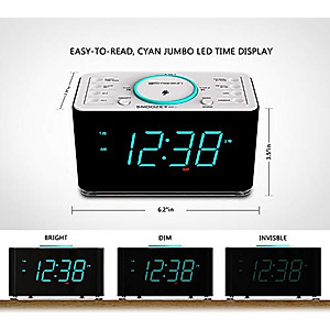 Emerson ER100401 Smartset 15Watt Ultra Fast Wireless Charging Dual Alarm Clock Radio with Bluetooth Speaker, USB Charger, Cyan LED Night Light and 1.4" Display